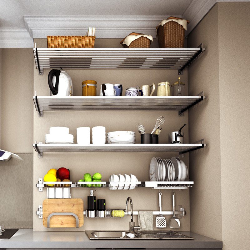 小厨房墙上置物架摆放,四层不锈钢厨房置物架,厨房多能置物架_文秘苑图库